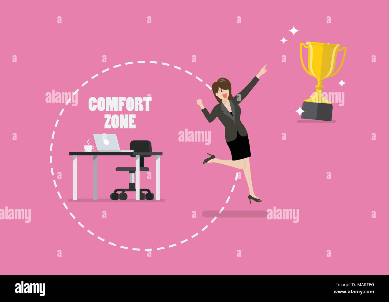 Business woman trying to break out of her comfort zone to success ...