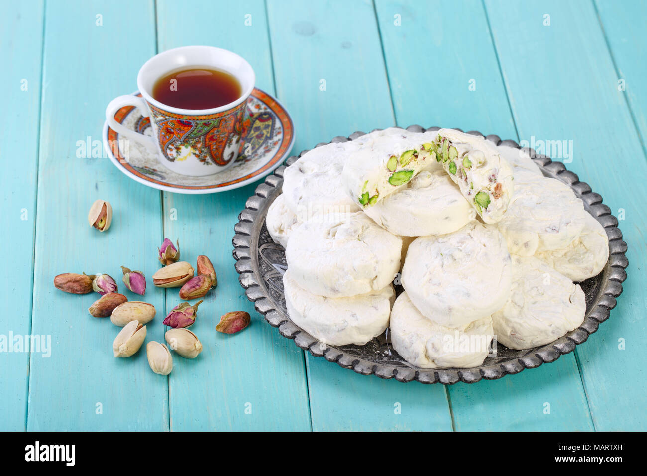Traditional Iranian and Persian pieces of white nougat dessert sweet ...