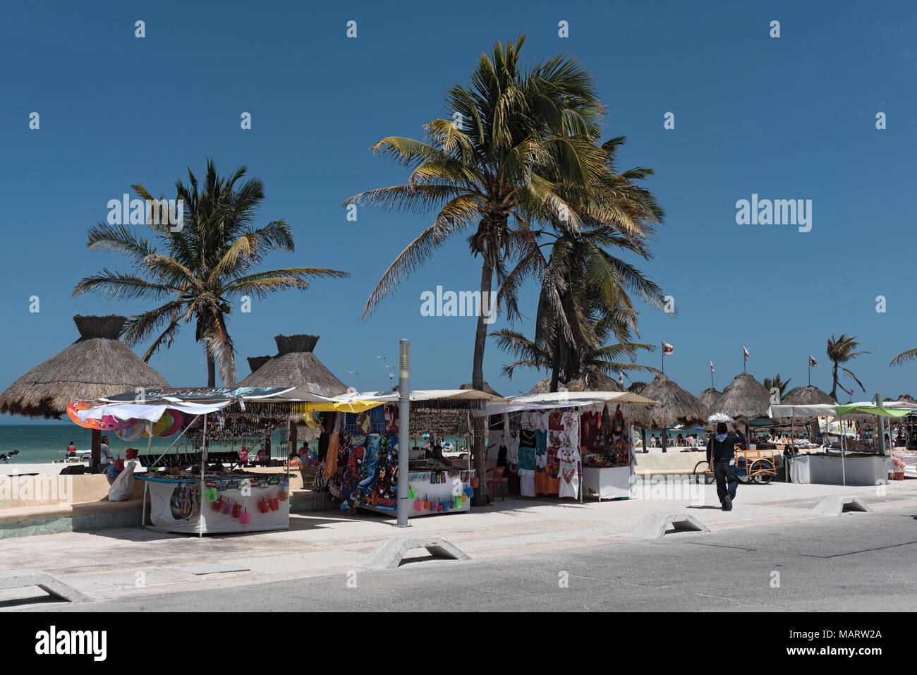 Souvenir stalls on the beach promenade of Progreso, Yucatan, Mexico ...