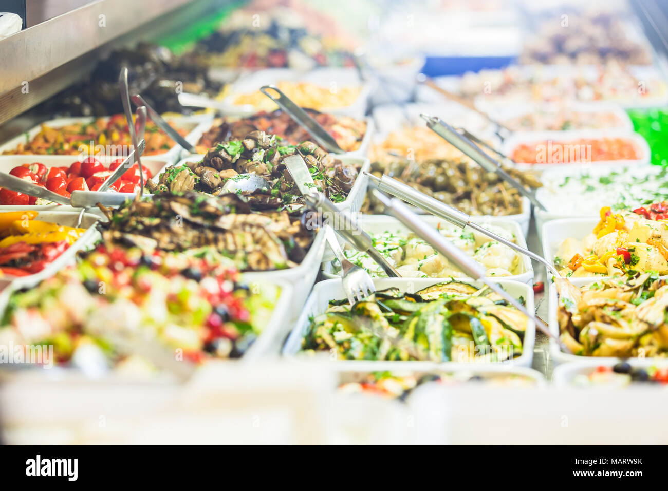 Display with Meze appetizers in delicatessen Stock Photo - Alamy
