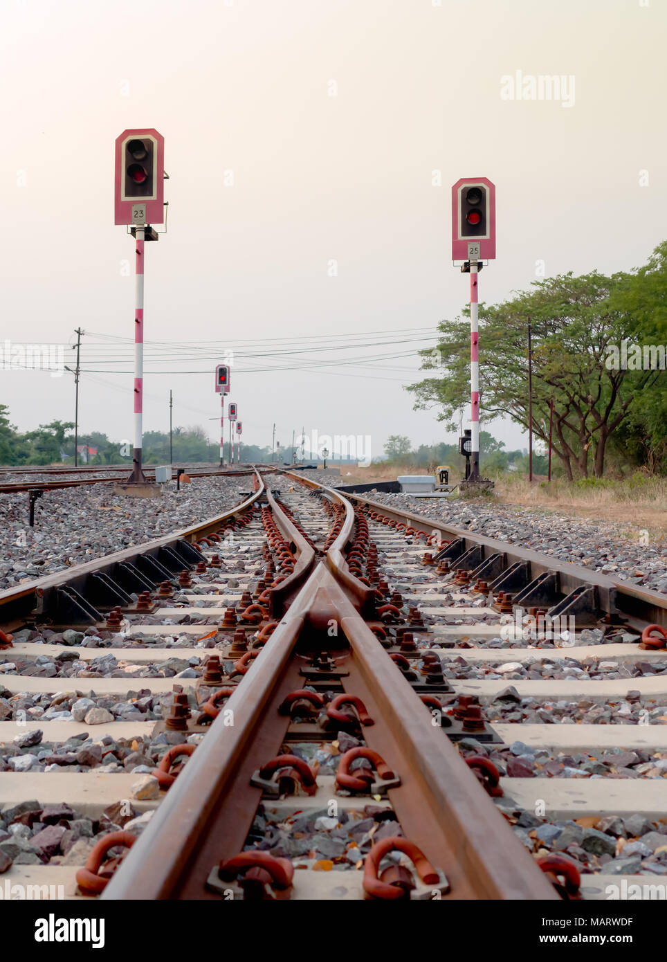 Railway Tracks Merge and Traffic Light in Local Train Station Landscape ...