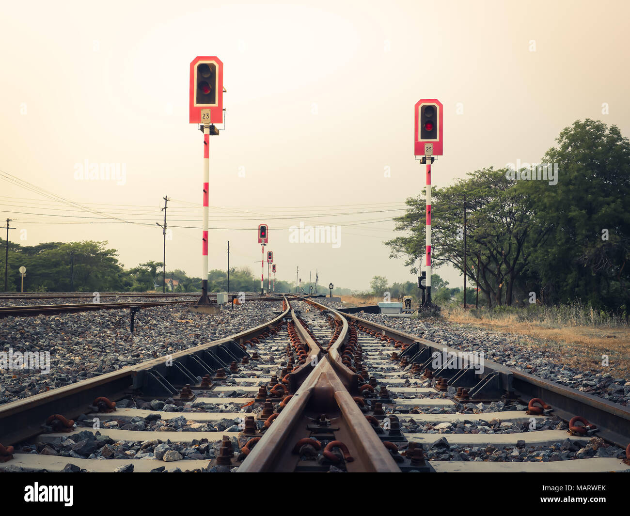 Railway Tracks Merge and Traffic Light in Local Train Station Landscape ...