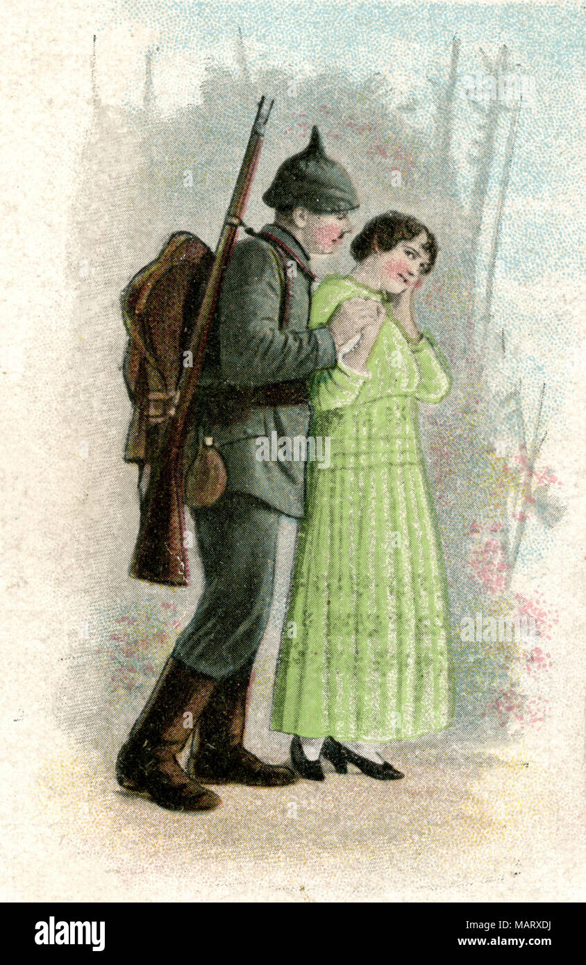 Parting of two lovers, a soldier with spiked helmet and weeping girl ...