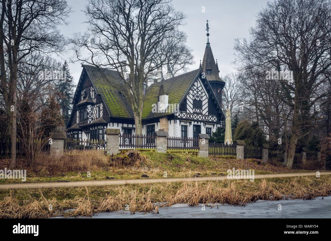 Beautiful historic castle in a winter scenery. Historic Hunting Palace ...
