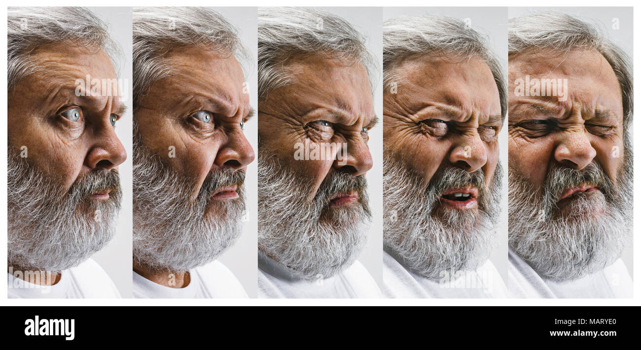 Senior man with disgusted expression repulsing something on white Stock ...