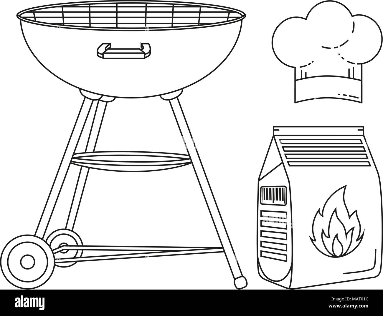 Line art black and white outdoors cooking set. BBQ grill, coal bag ...