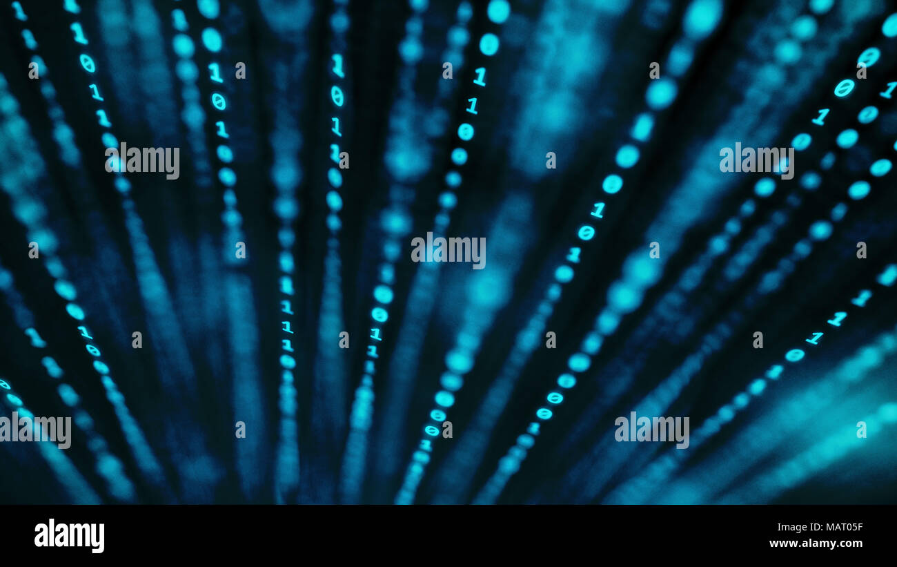 Vertical lines of binary code in 3D space with very shallow depth of ...