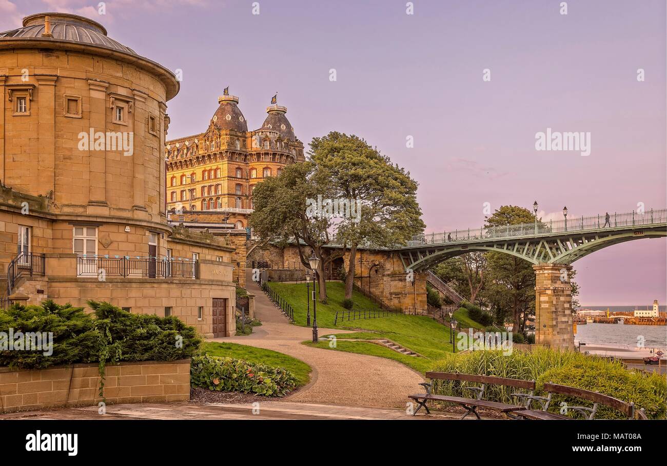 The Rotunda Museum and footbridge in Scarborough. The Mount Hotel is in ...