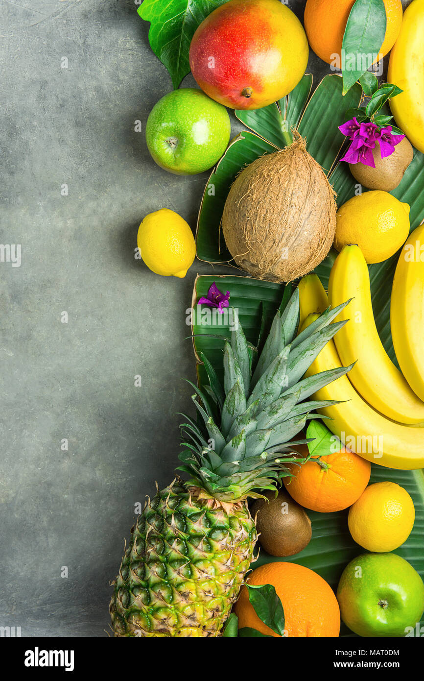 Variety of Different Tropical Summer Fruits. Pineapple Mango Coconut ...