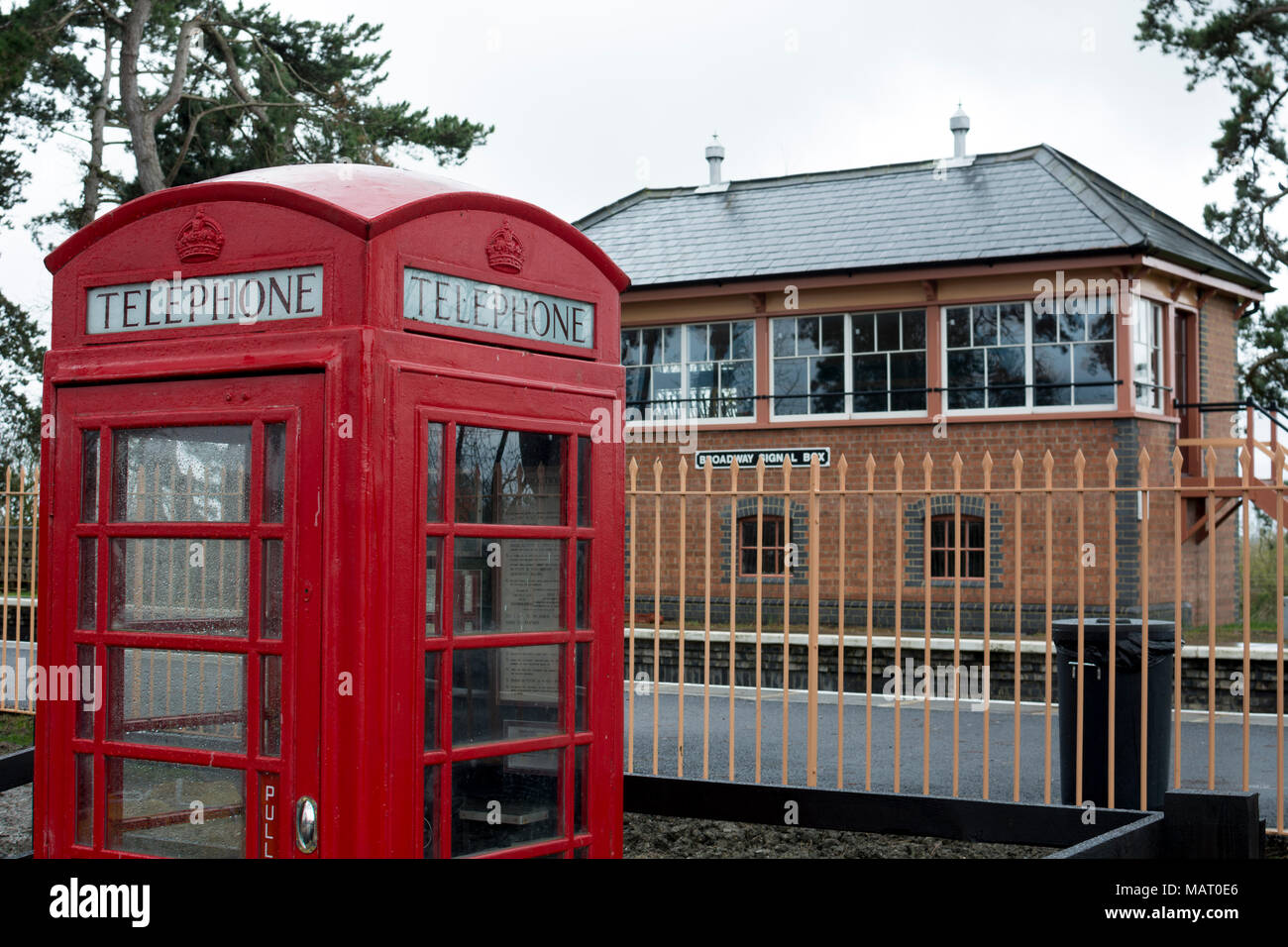 Telephone box and signal box, Broadway railway station, Gloucestershire ...