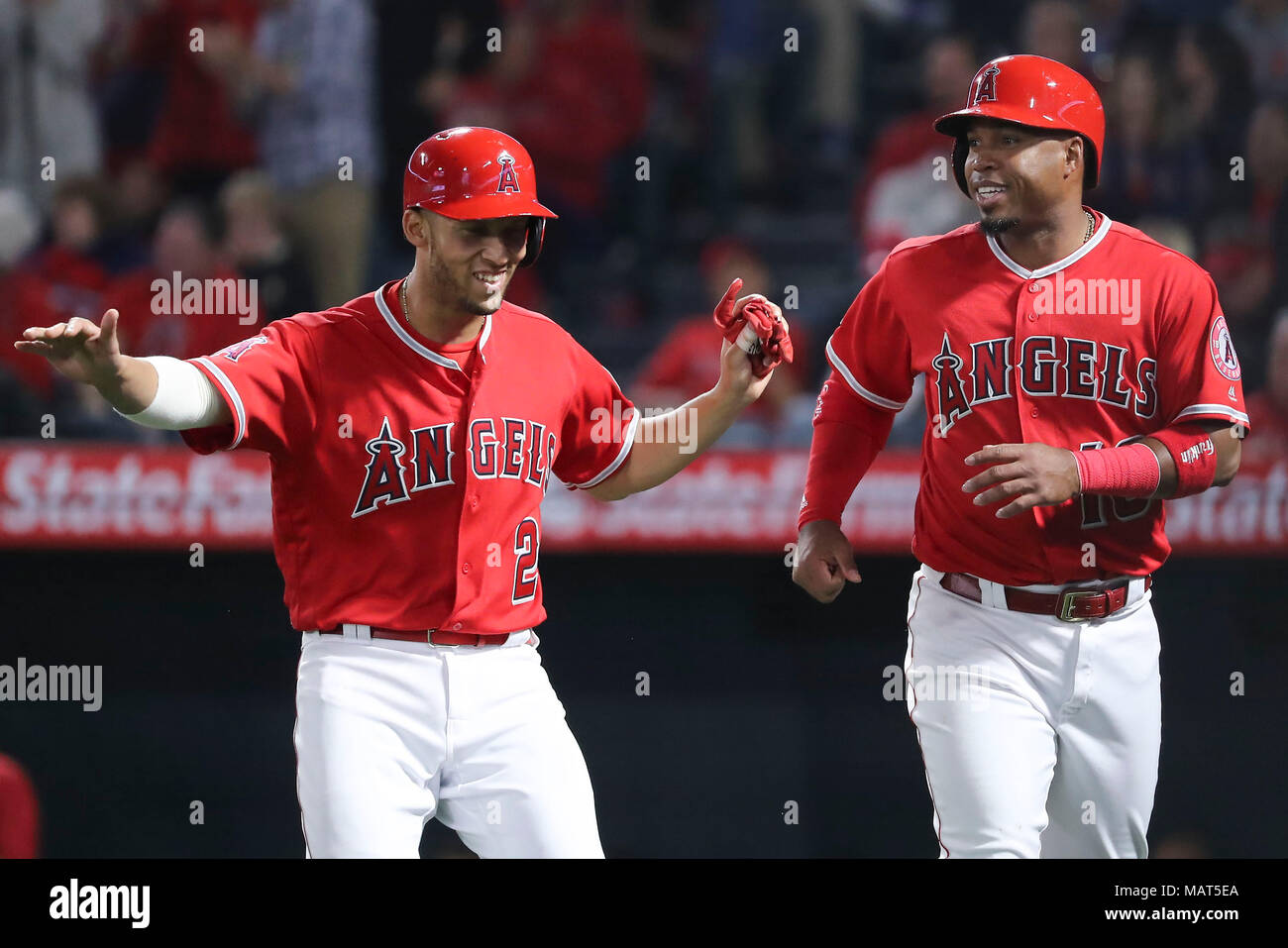 April 3, 2018: Los Angeles Angels shortstop Andrelton Simmons (2) tries ...
