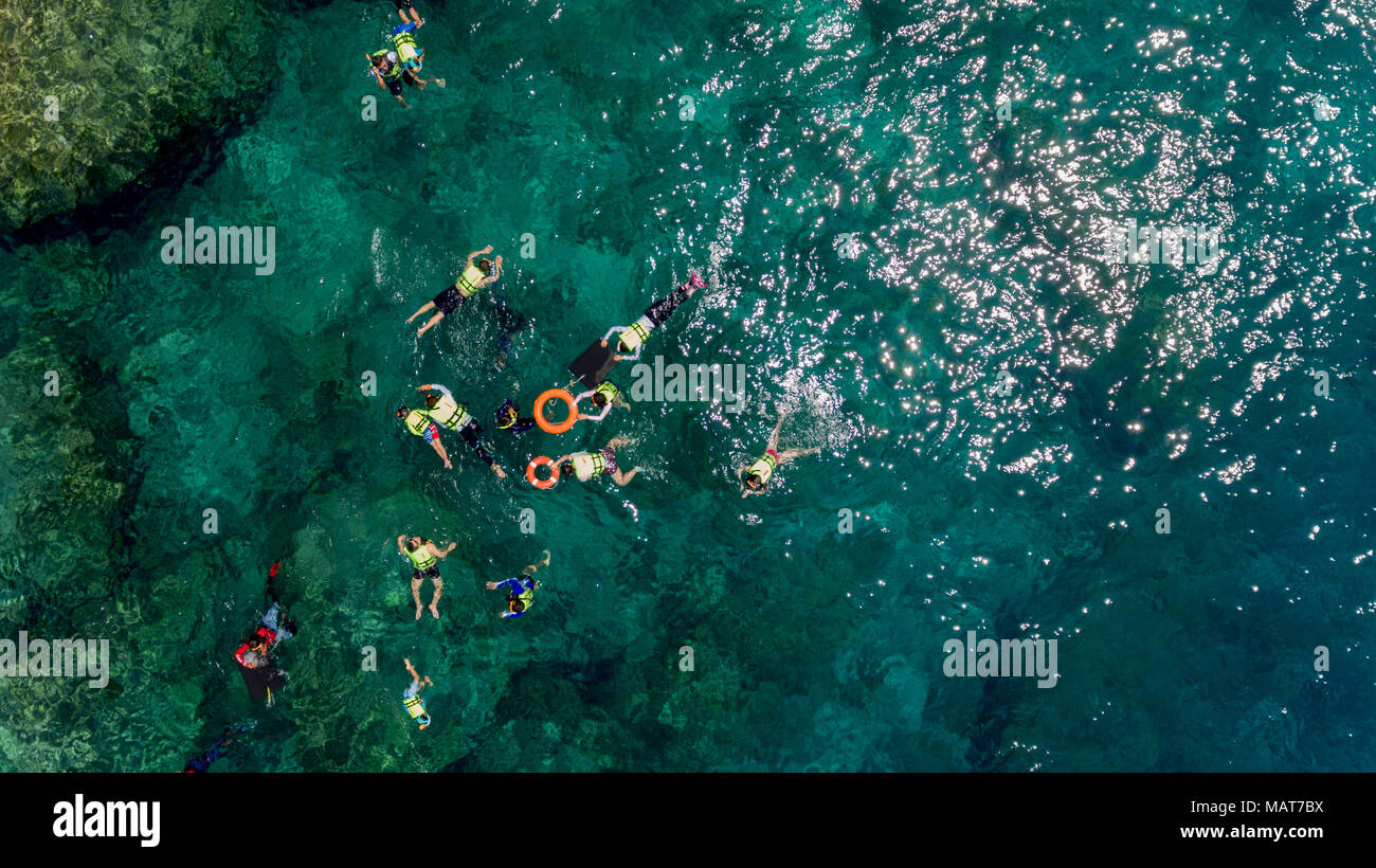 Aerial photo of people snorkeling in tropical Coral reef in Similan ...