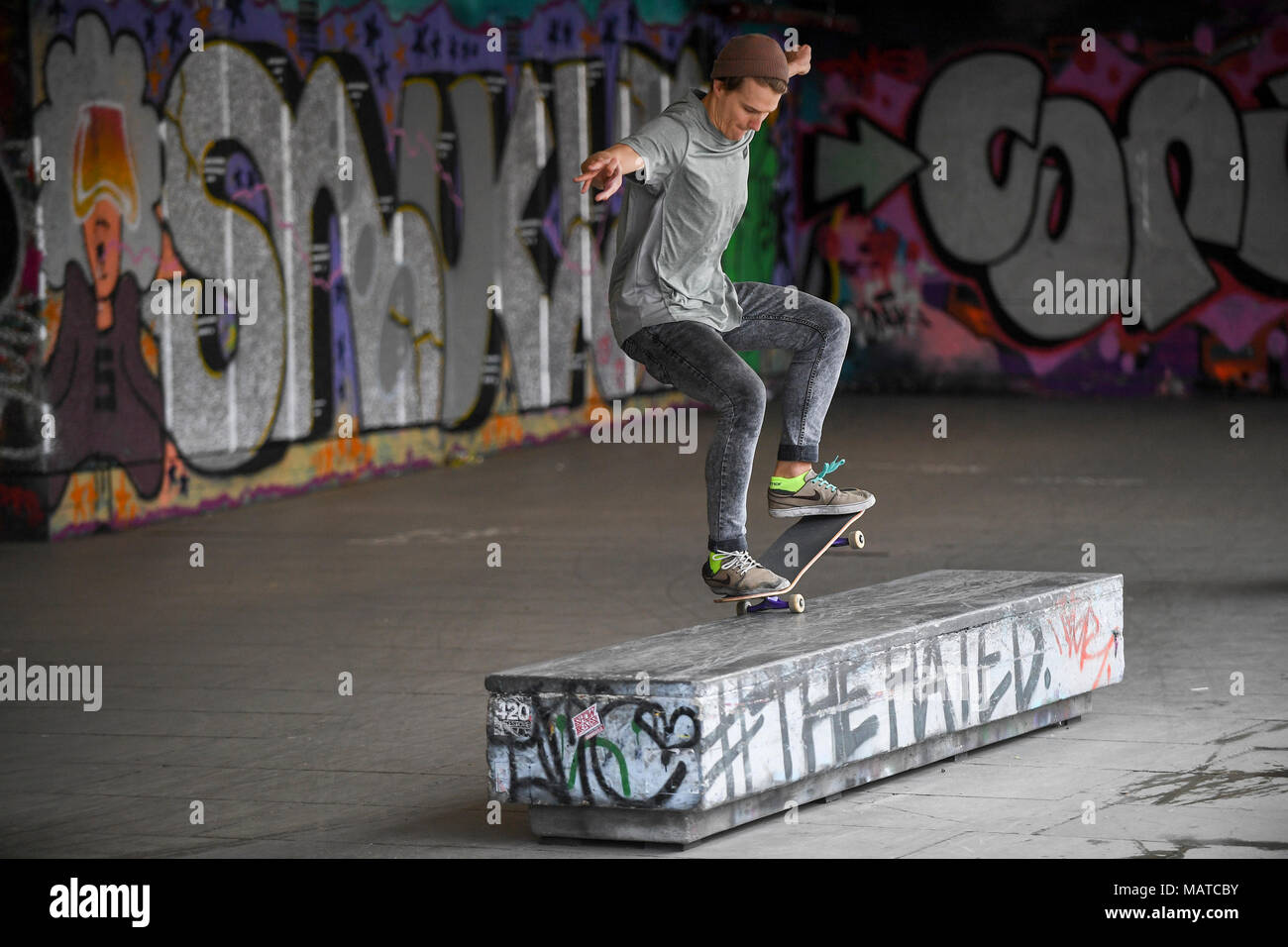 London, UK. 4 April 2018. A skateboarder practices at the Undercroft ...