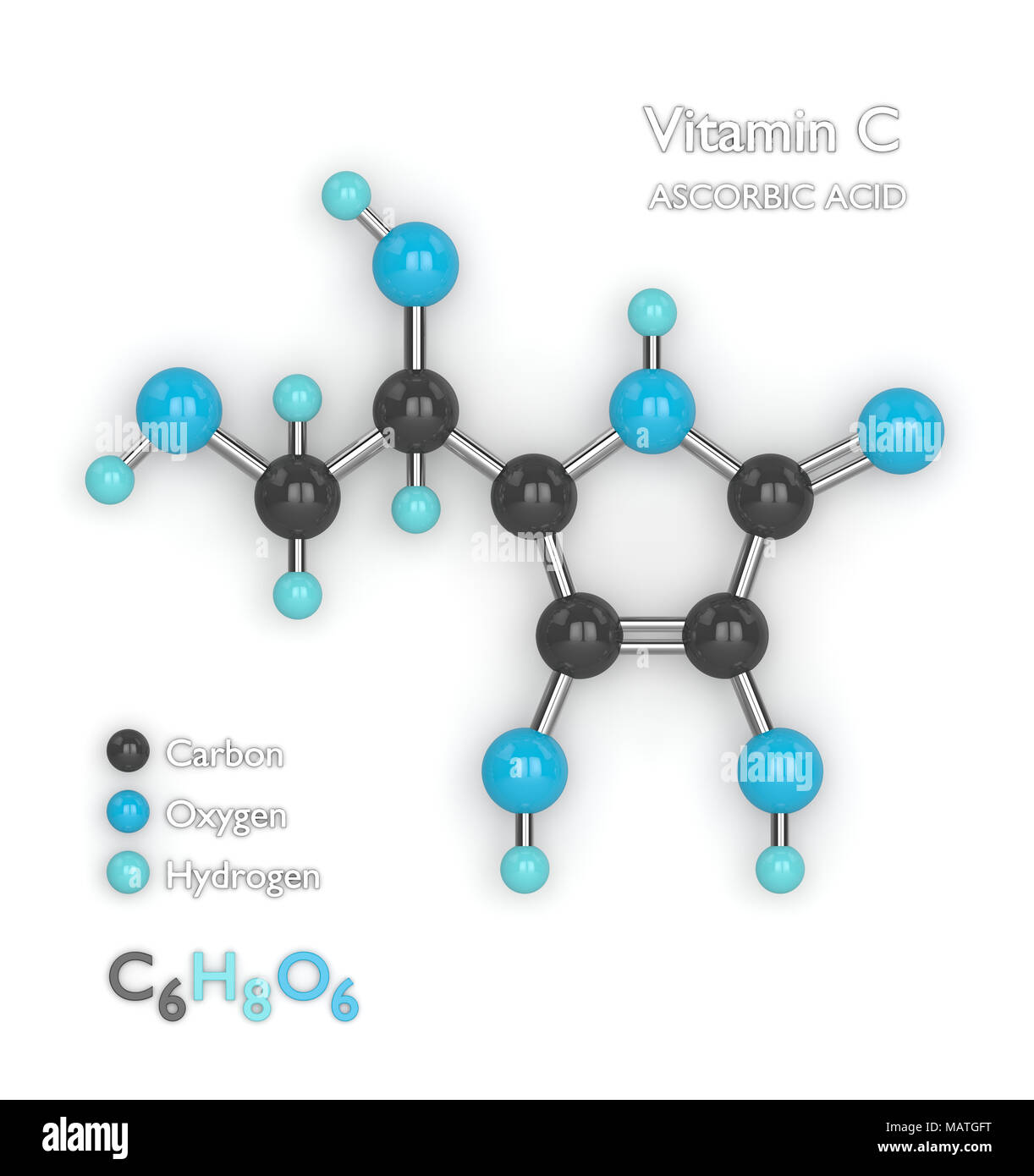 3d render of molecular model with molecular formula of vitamin C over ...