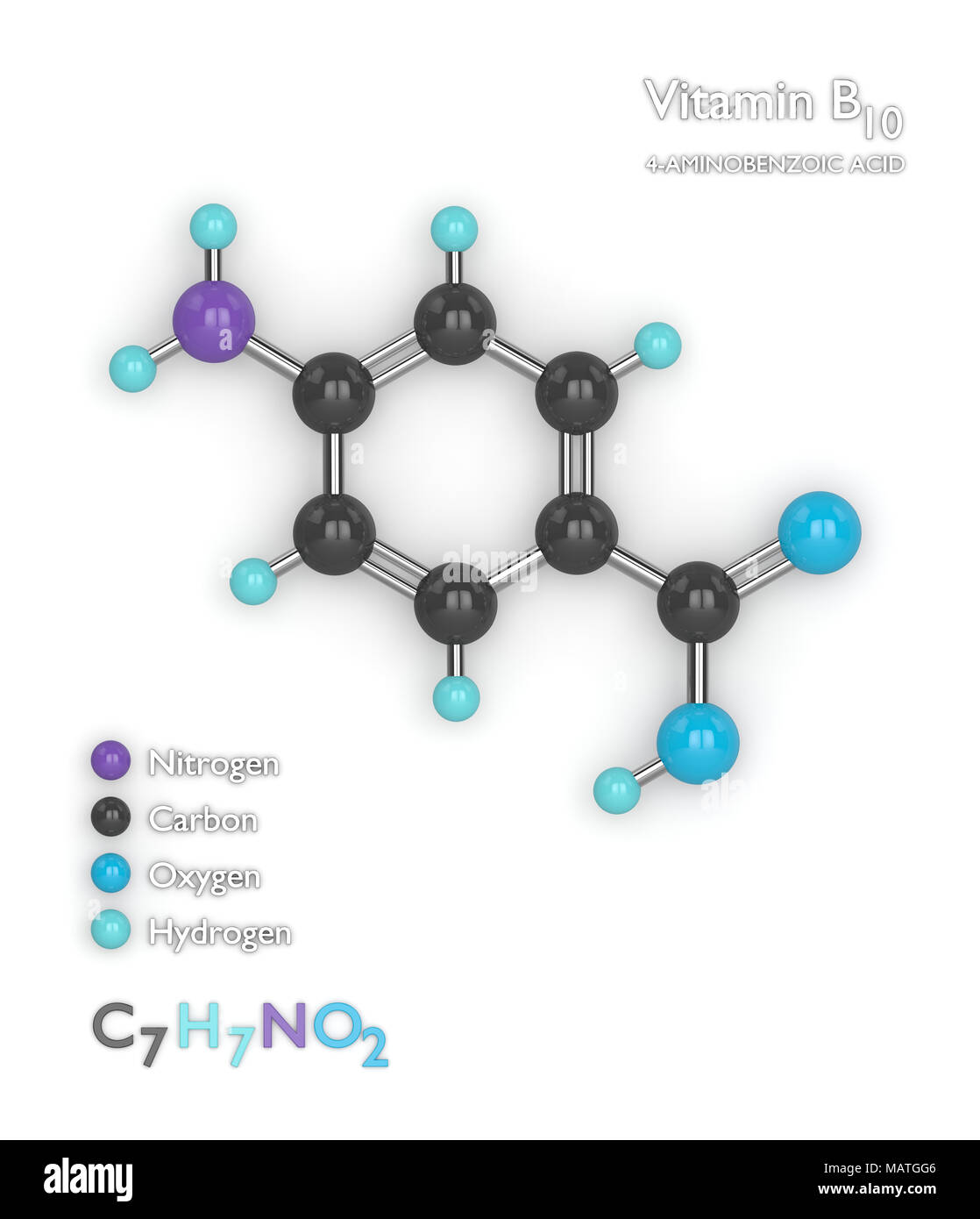 3d render of molecular model with molecular formula of vitamin B10 over ...