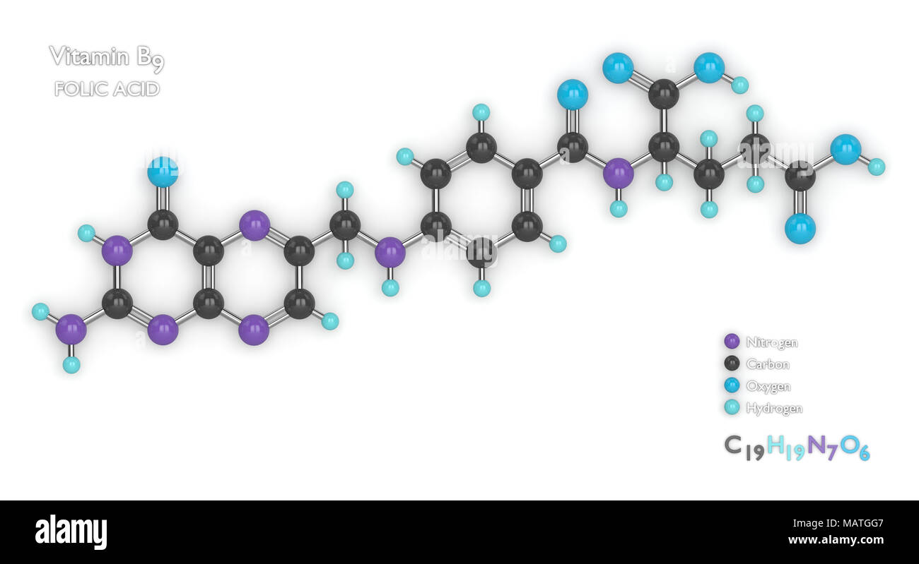 3d render of molecular model with molecular formula of vitamin B9 over ...