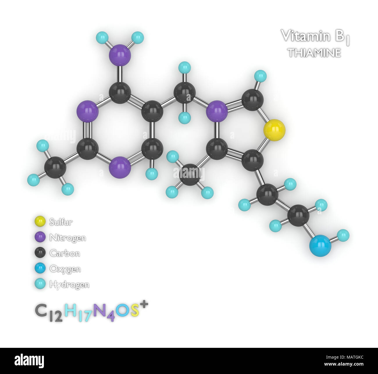3d render of molecular model with molecular formula of vitamin B1 over ...