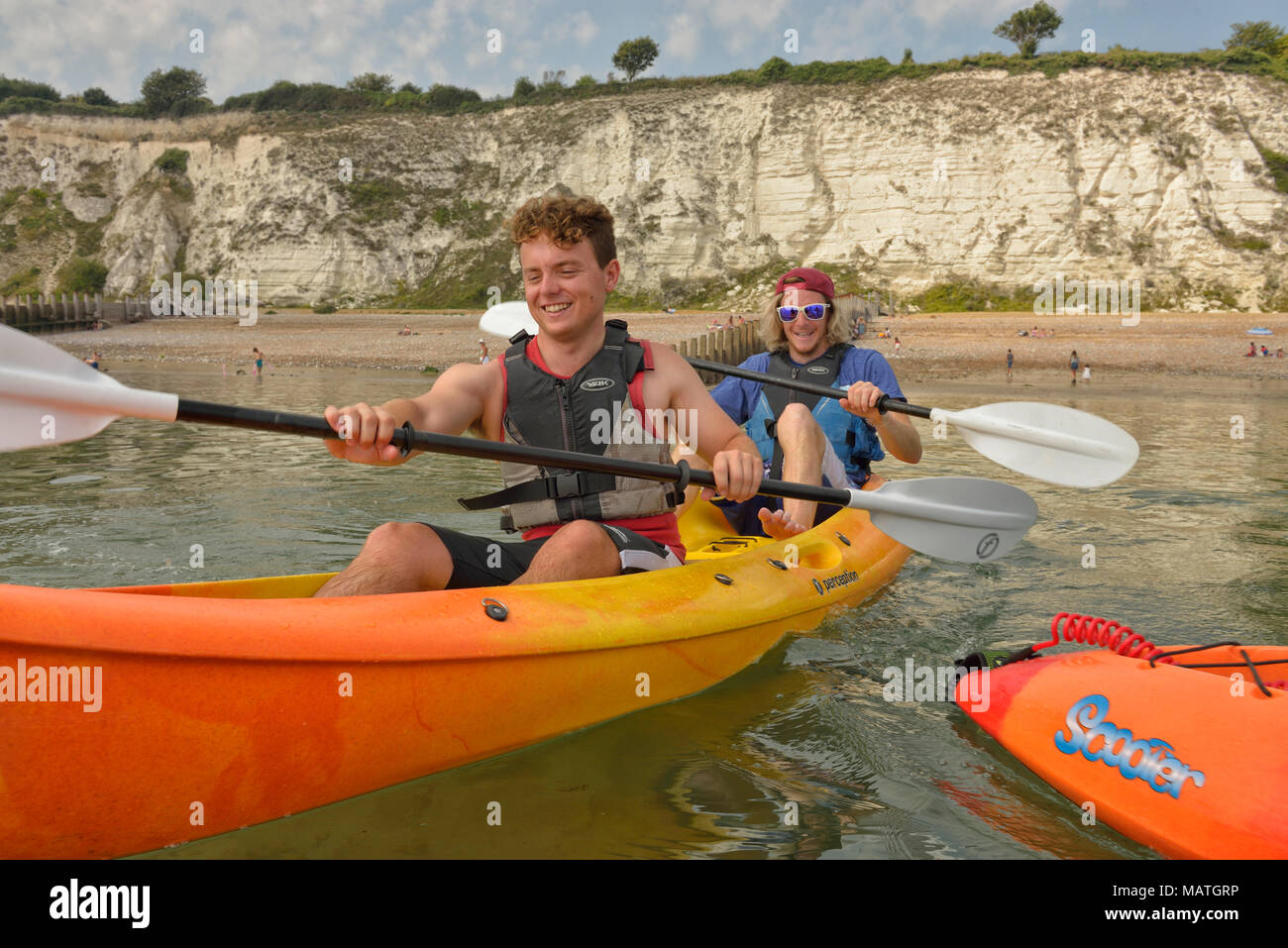 Kayaking off the coast of Holywell beach in Eastbourne, East Sussex ...