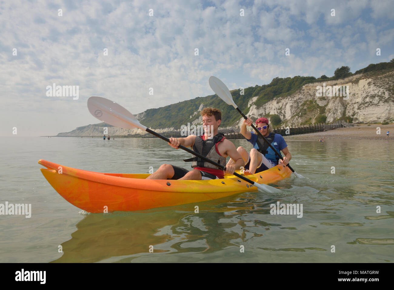 Kayaking off the coast of Holywell beach in Eastbourne, East Sussex ...