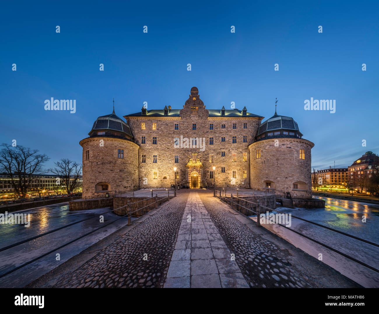 Orebro castle by the Svartan river at night. Orebro, Narke, Sweden ...