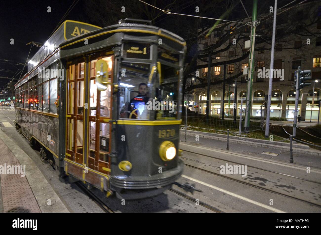 Milan, Italy, Lombardy December 31, 2017. The characteristic trams of ...