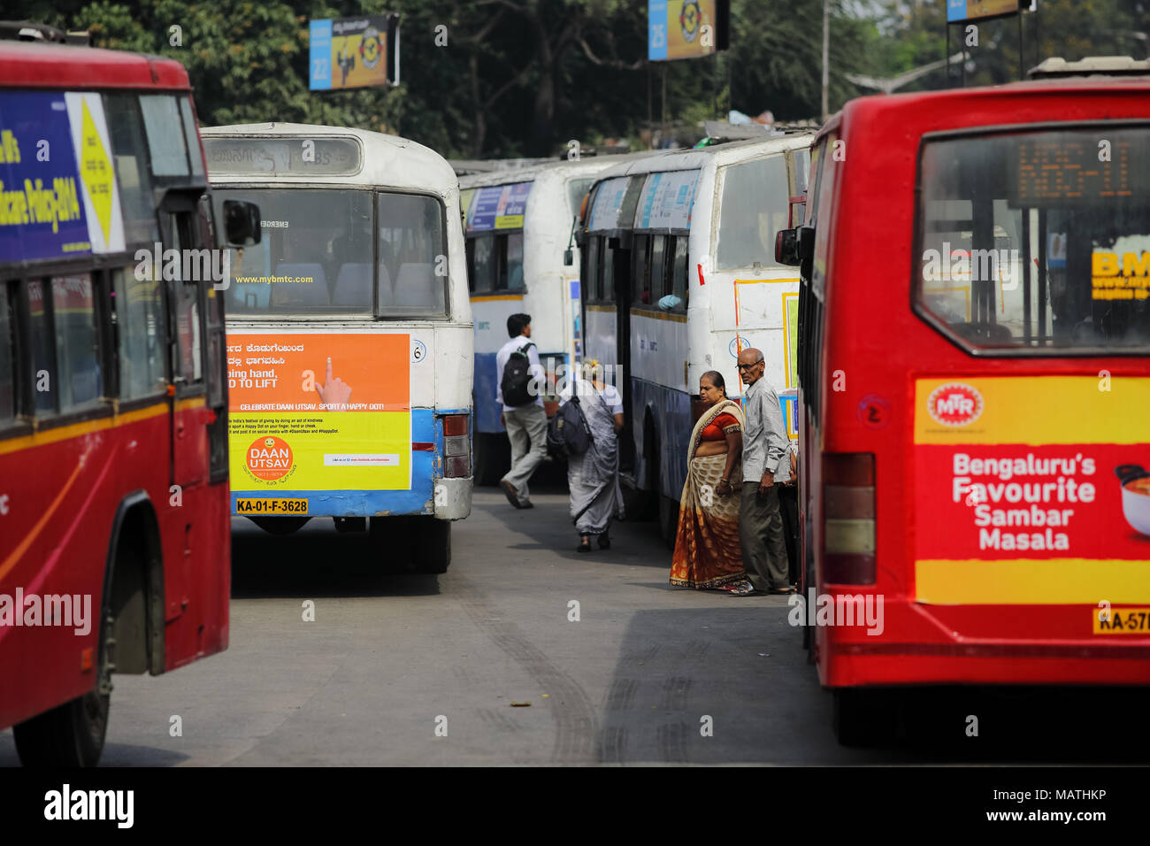 Bangalore, India - October 23, 2016: A narrow view of city bus terminal ...