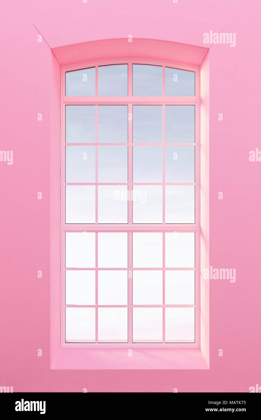 View form window, pastel pearl pink walls 3d render Stock Photo - Alamy
