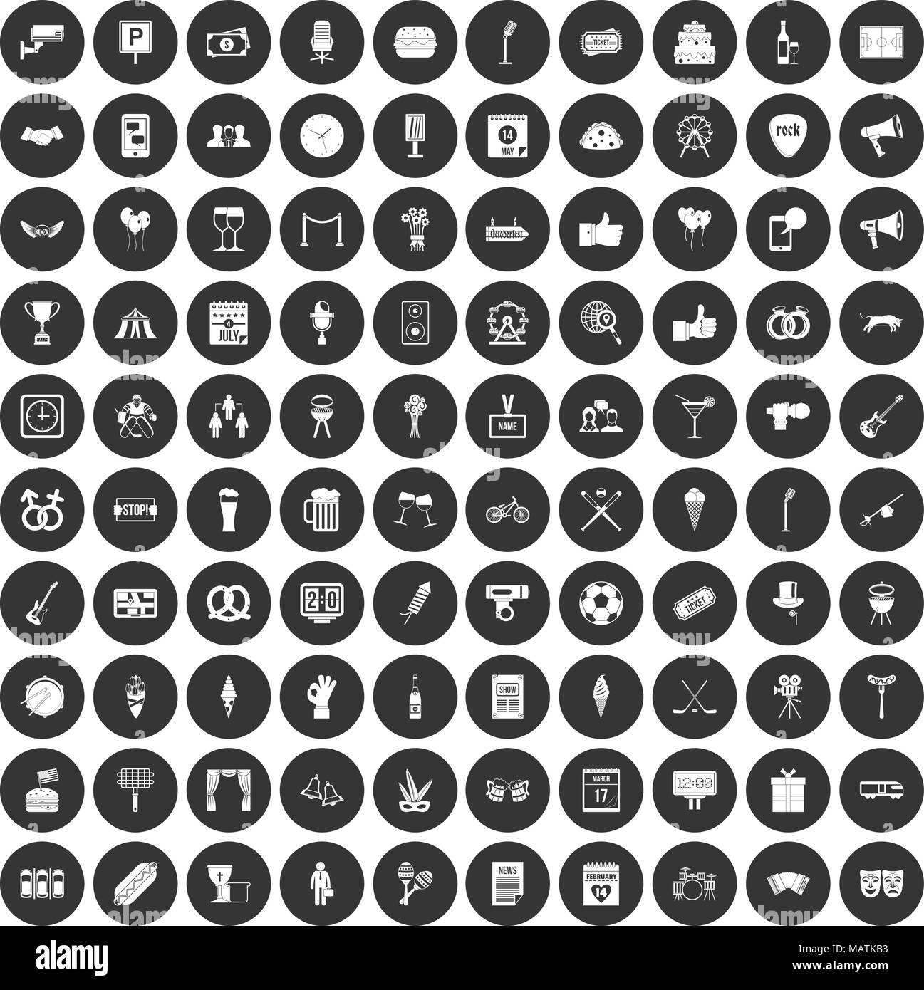 100 events icons set black circle Stock Vector Image & Art - Alamy