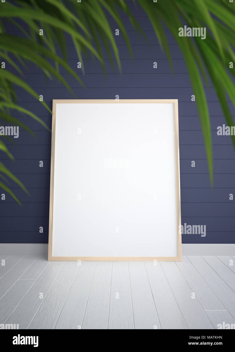 Frame with Poster Mockup standing on the wooden floor. 3D render Stock ...
