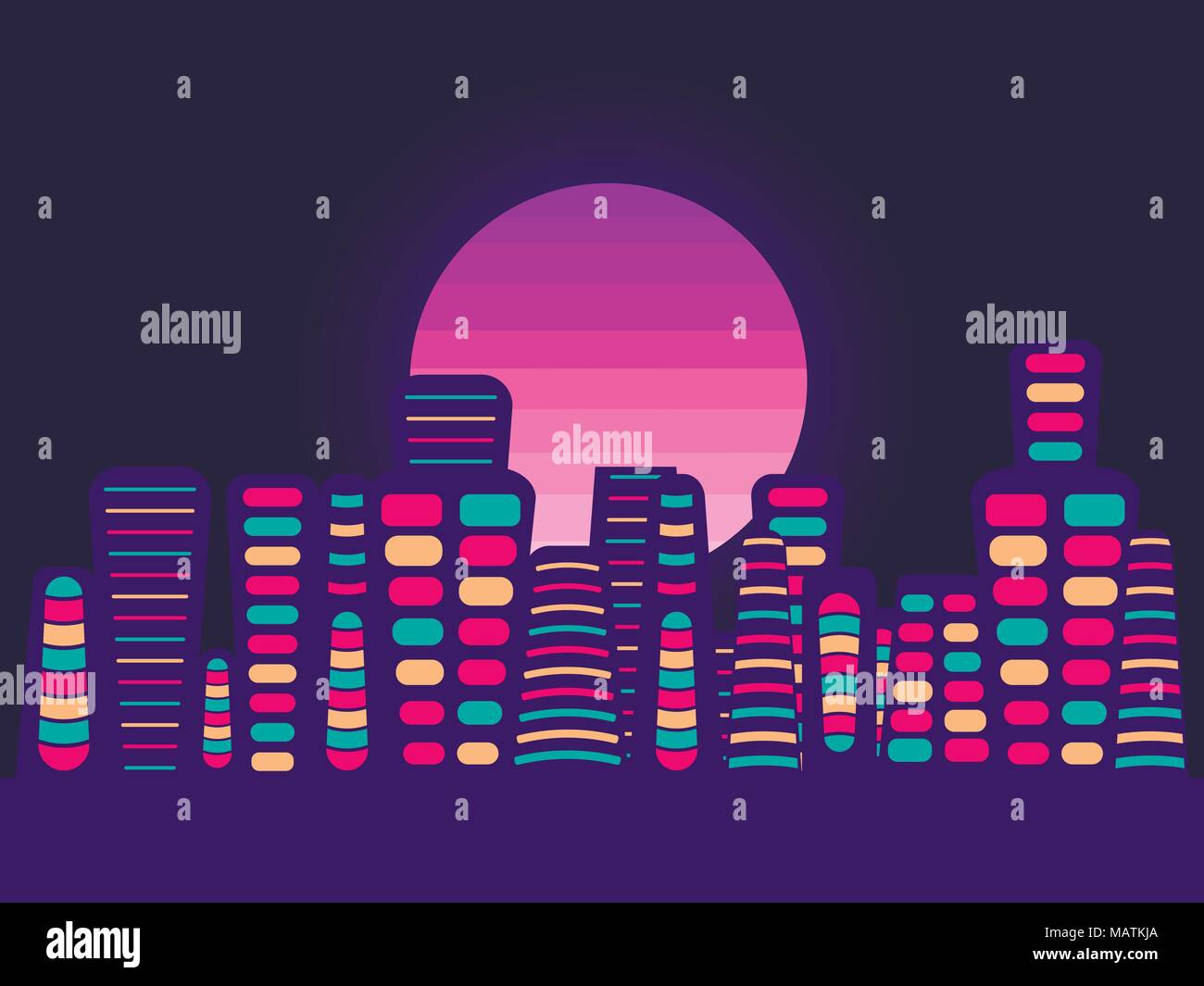 Night city on a sunset background. Retro panorama of the 80s, 90s ...