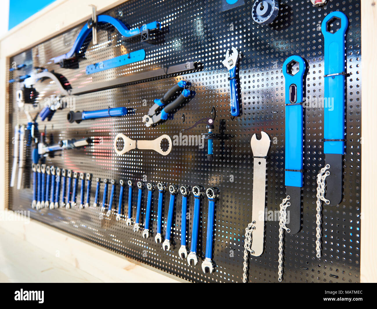 Stand with set tools on bicycle workshop Stock Photo - Alamy