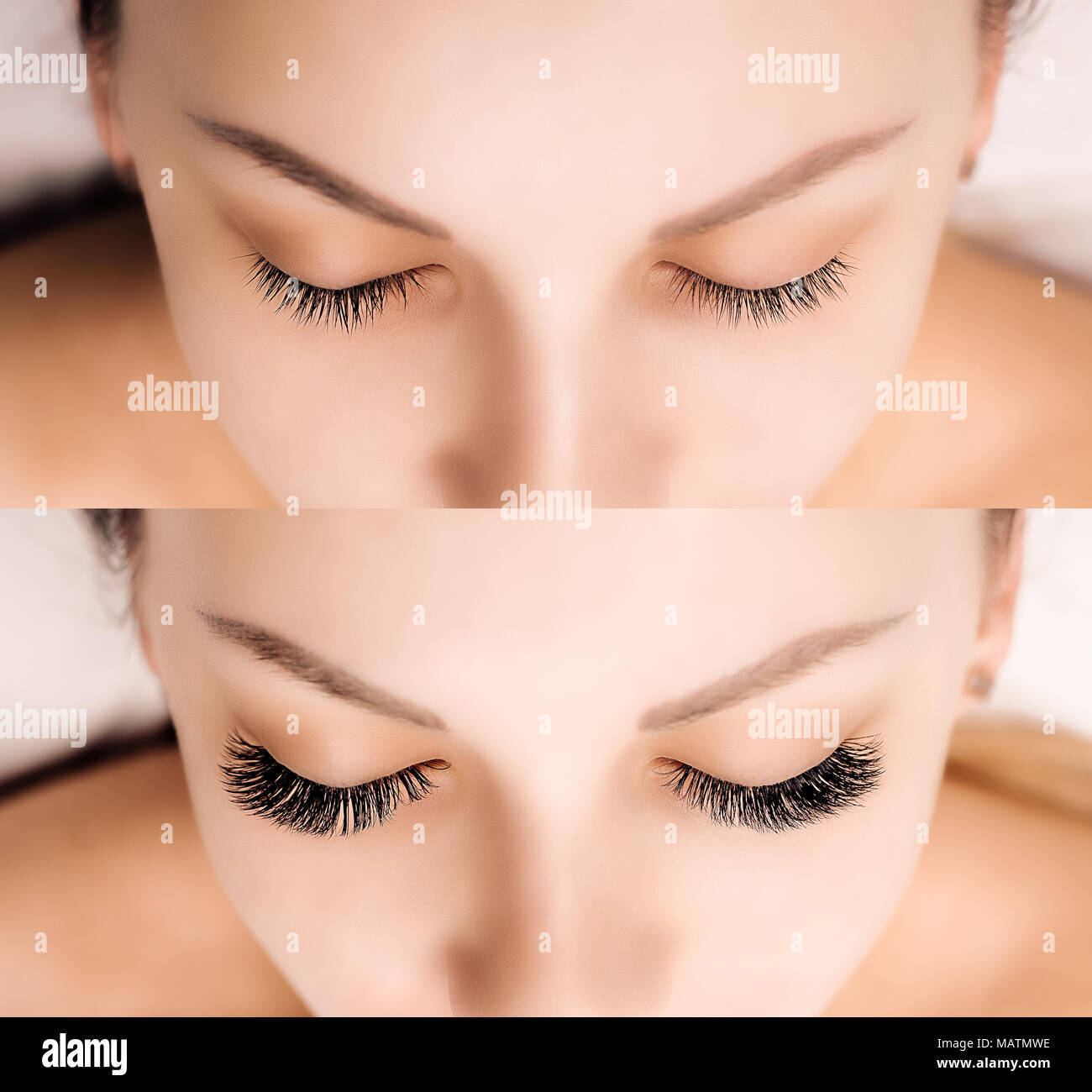 Eyelash Extension. Comparison of female eyes before and after Stock ...