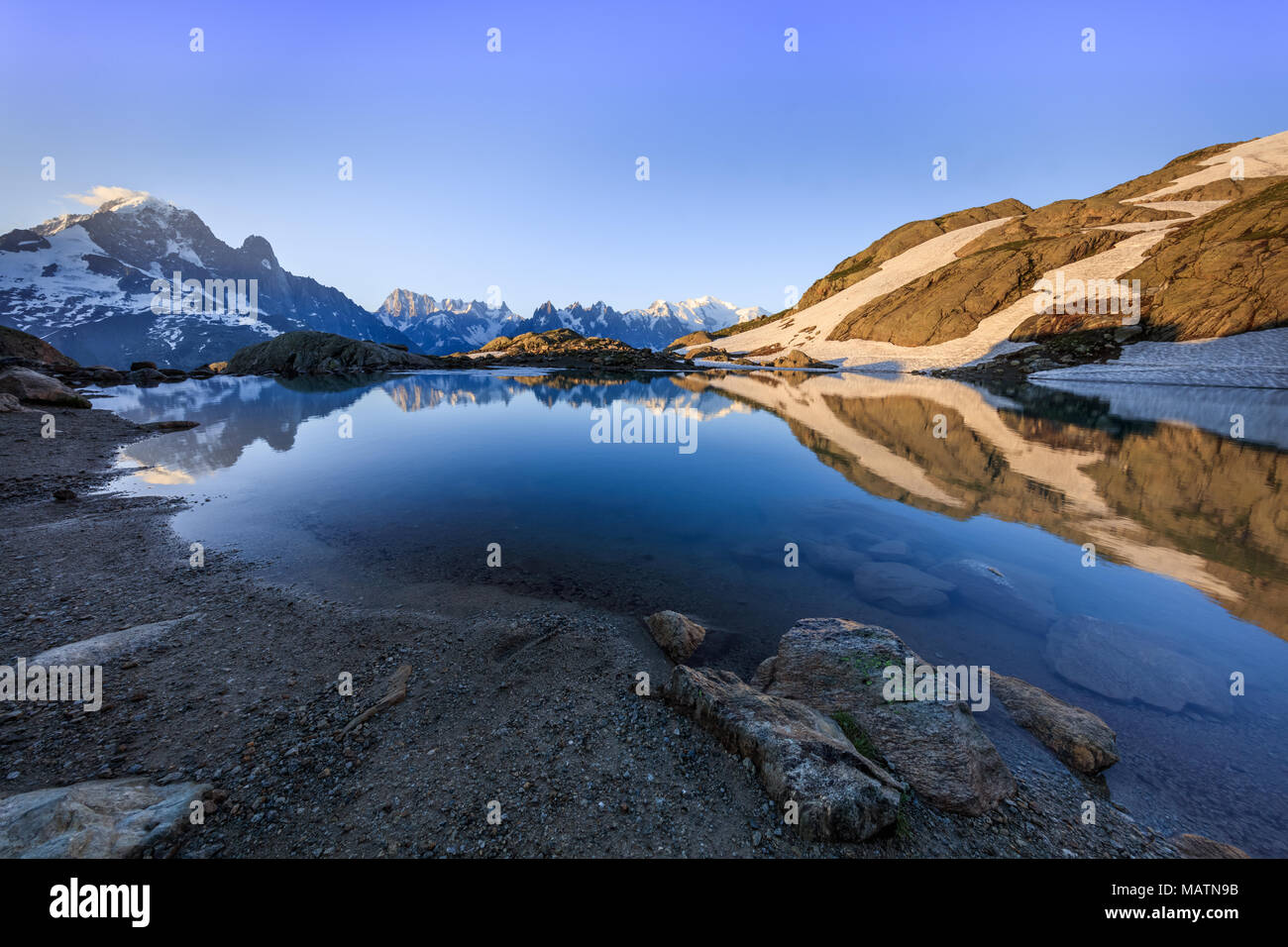 Mont Blanc Massif Reflected in Lac Blanc, Graian Alps, France Stock ...