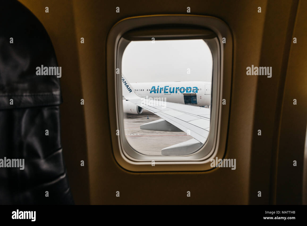 Madrid, Spain - February 15, 2018: View through window of airplane in ...
