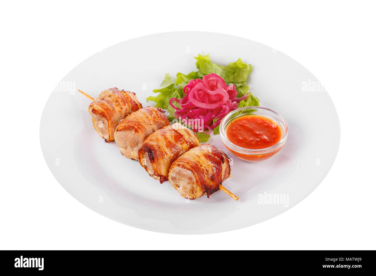 Shish kebab, beef, lamb, pork, chicken in bacon grilled meat, barbecue ...