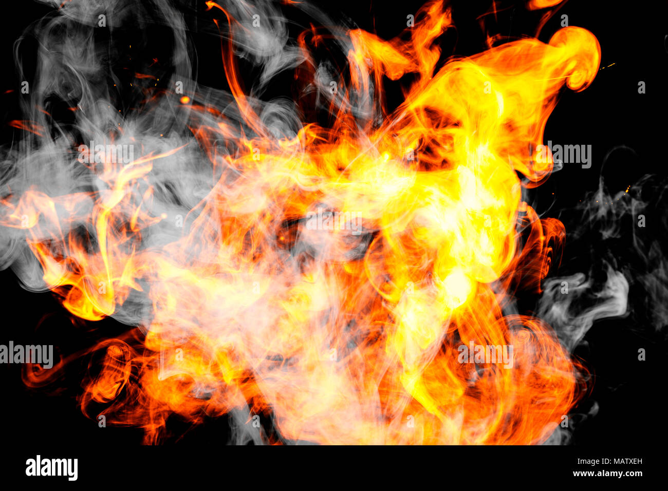 Fire flames background. Dense fiery smoke on a black isolated ...
