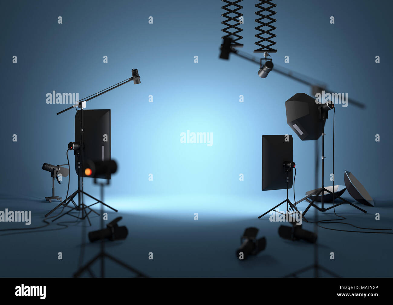An empty blue photography studio with lighting equipment. 3D ...