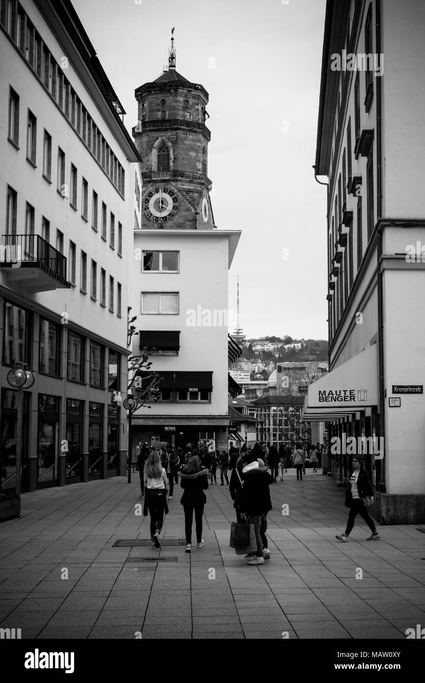 STUTTGART, GERMANY - MARCH 04, 2017: One of the shopping streets in the ...
