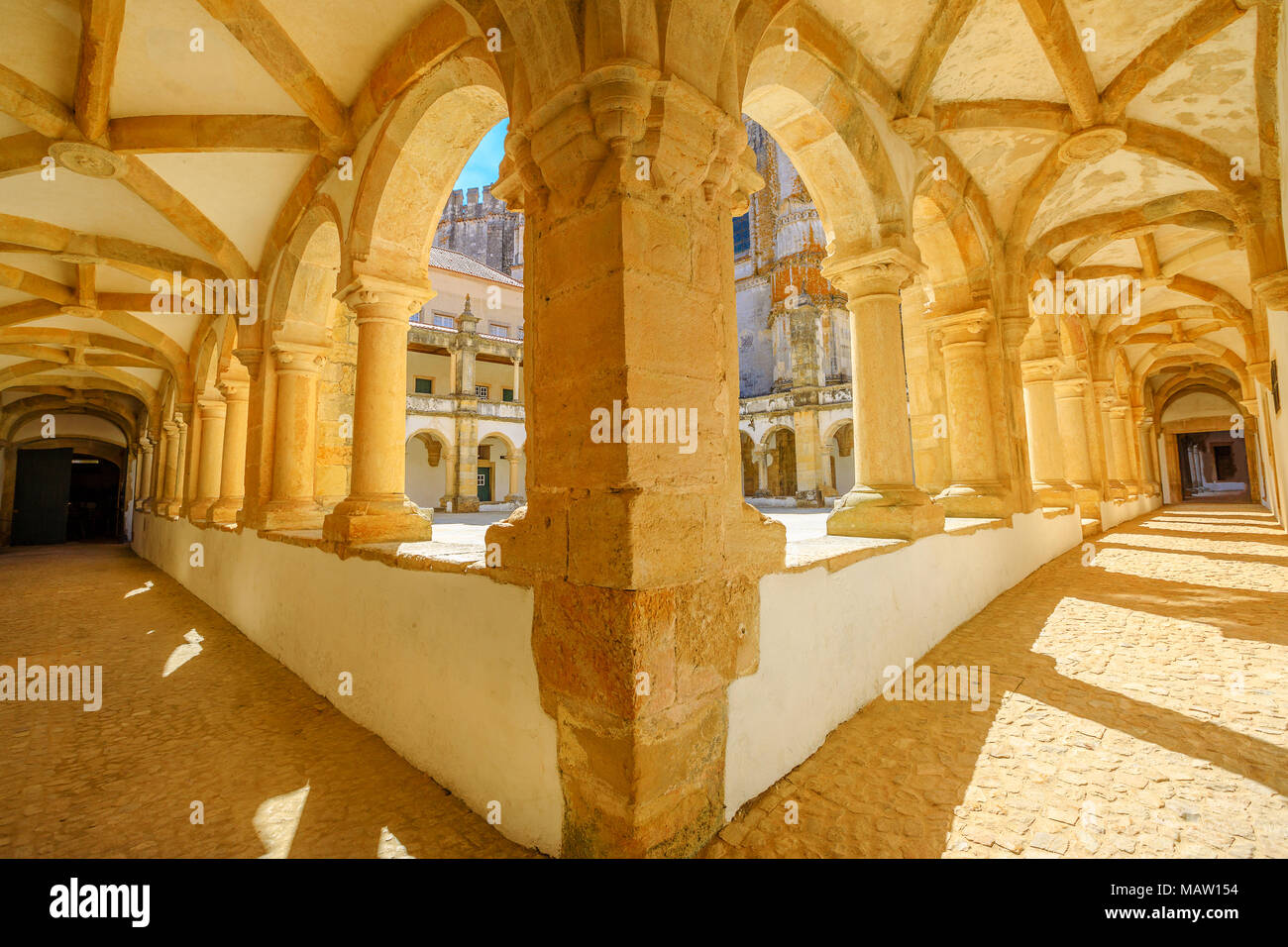 Tomar, Portugal - August 10, 2017: perspective view of the double porch ...