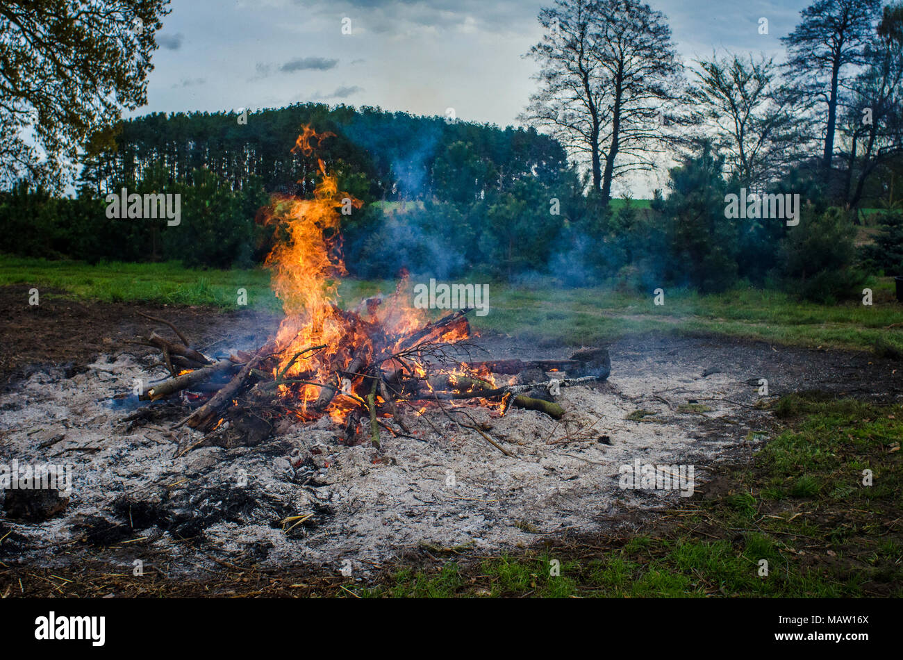 Easter bonfire in the evening in beautiful rural area in Europe Stock ...