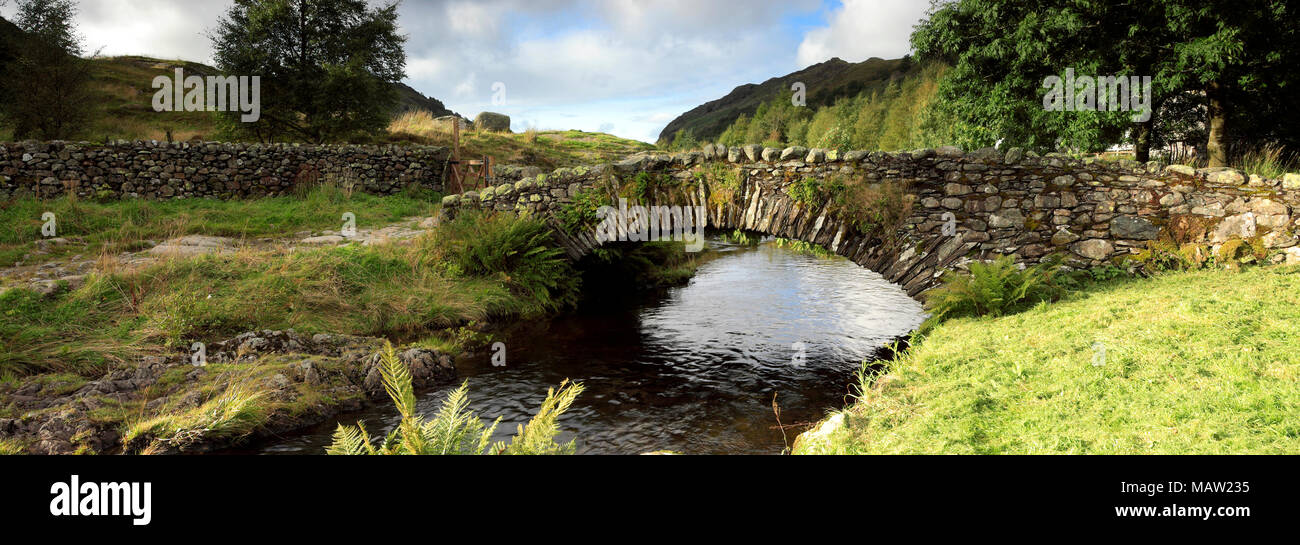 Summer, Packhorse stone bridge over Watendlath Beck, Watendlath Tarn ...