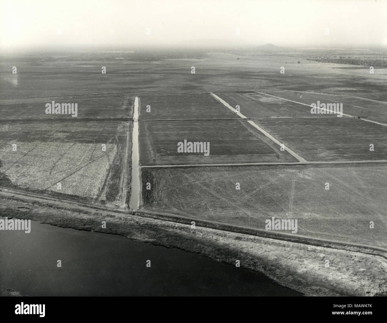 Aerial view of Polder showing Kafue River and river dyke, Rhodesian ...