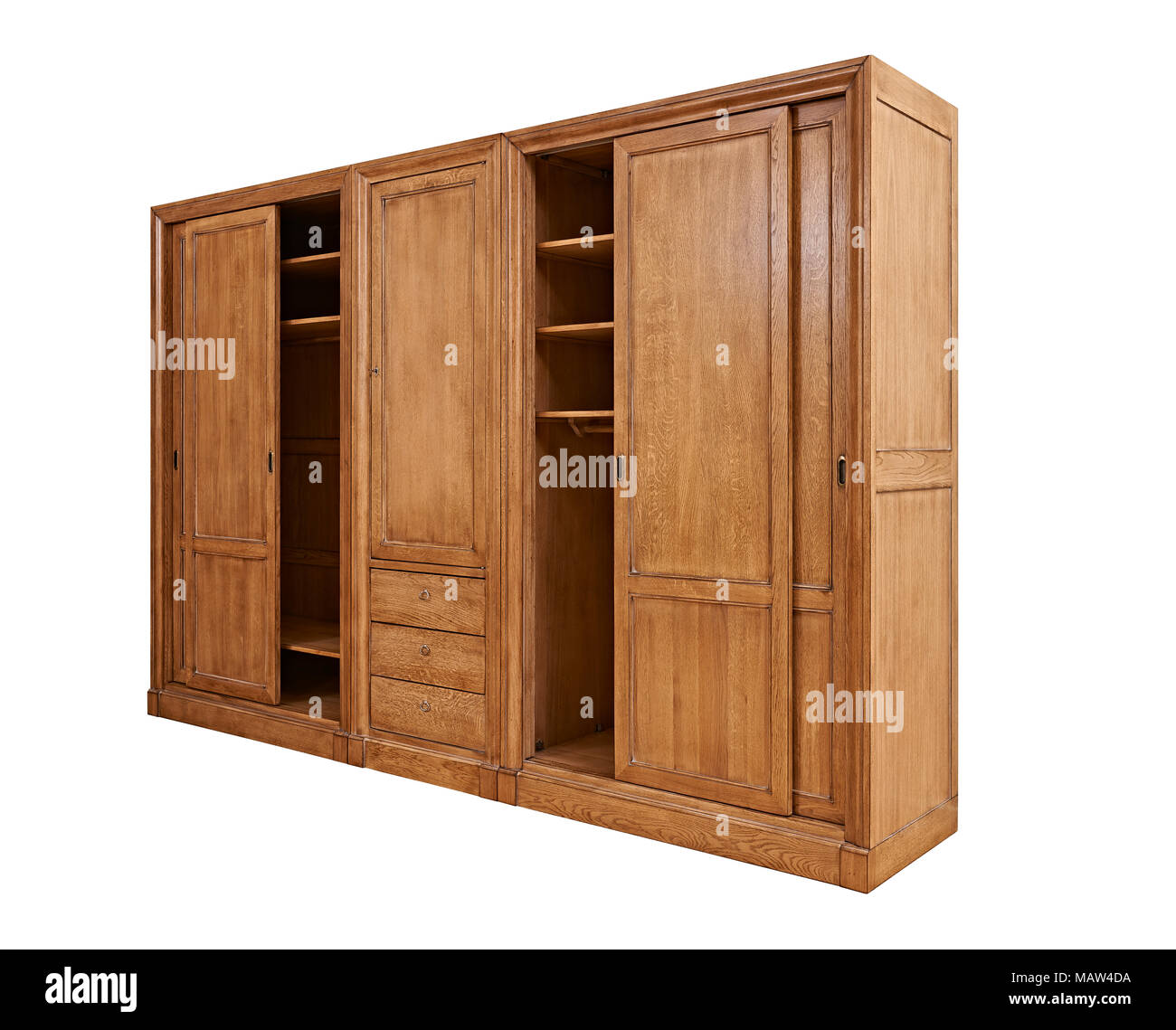Opened classical wooden wardrobe isolated on white with clipping path ...