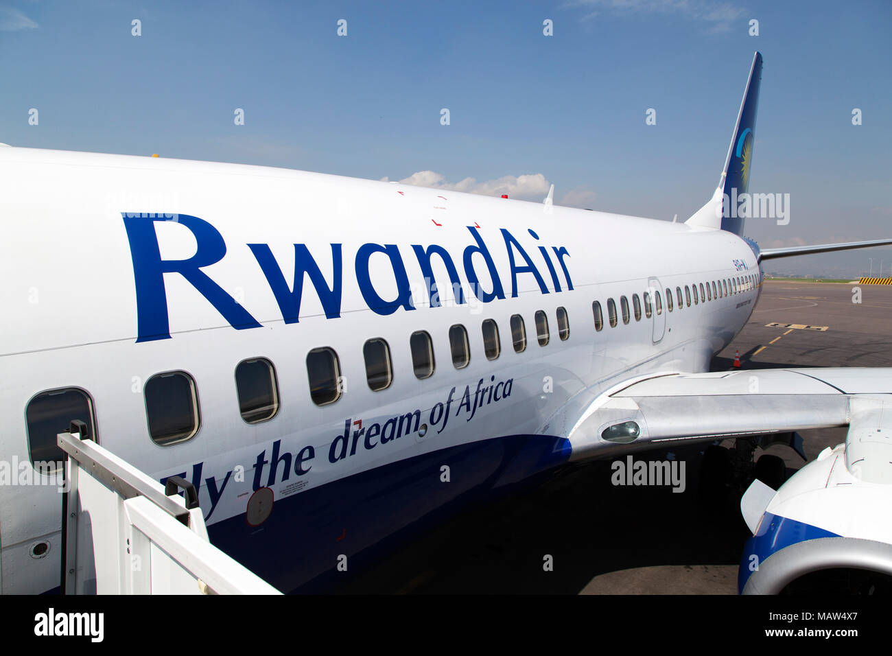 A Rwandair aircraft at Kigali International Airport. The airport is the ...