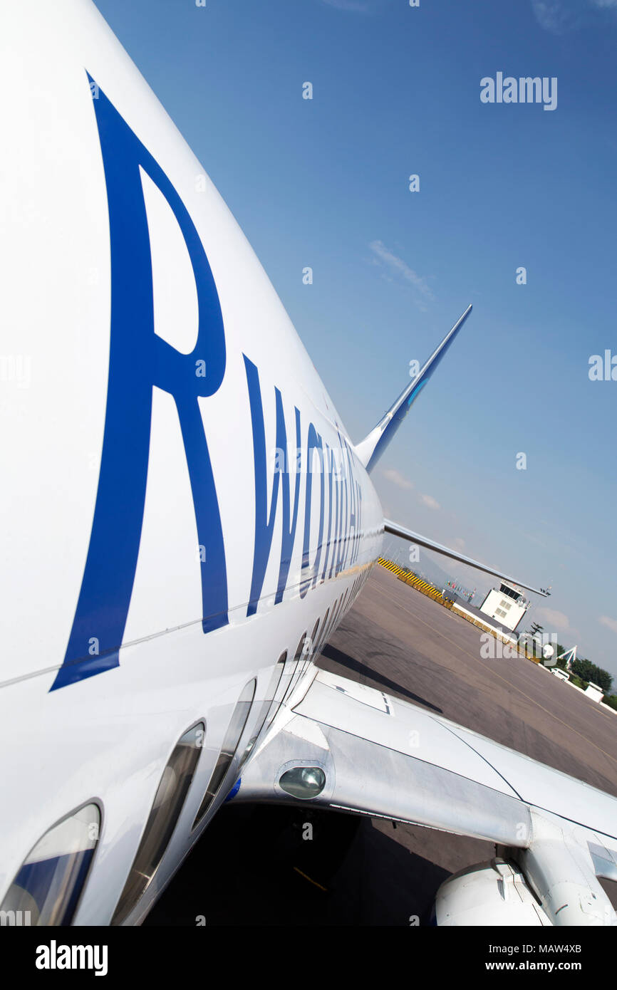 A Rwandair aircraft at Kigali International Airport. The airport is the ...