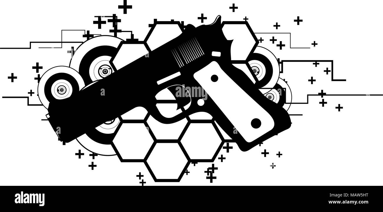 Abstract handgun design, elements separate, black and white, horizontal ...