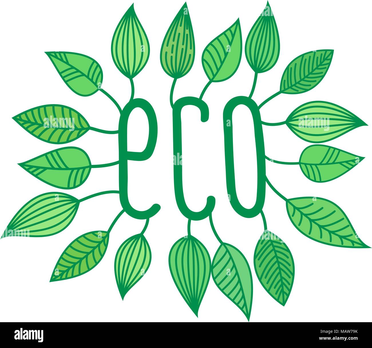 Green eco sign in with growing leaves, vector label and tag, ecological ...