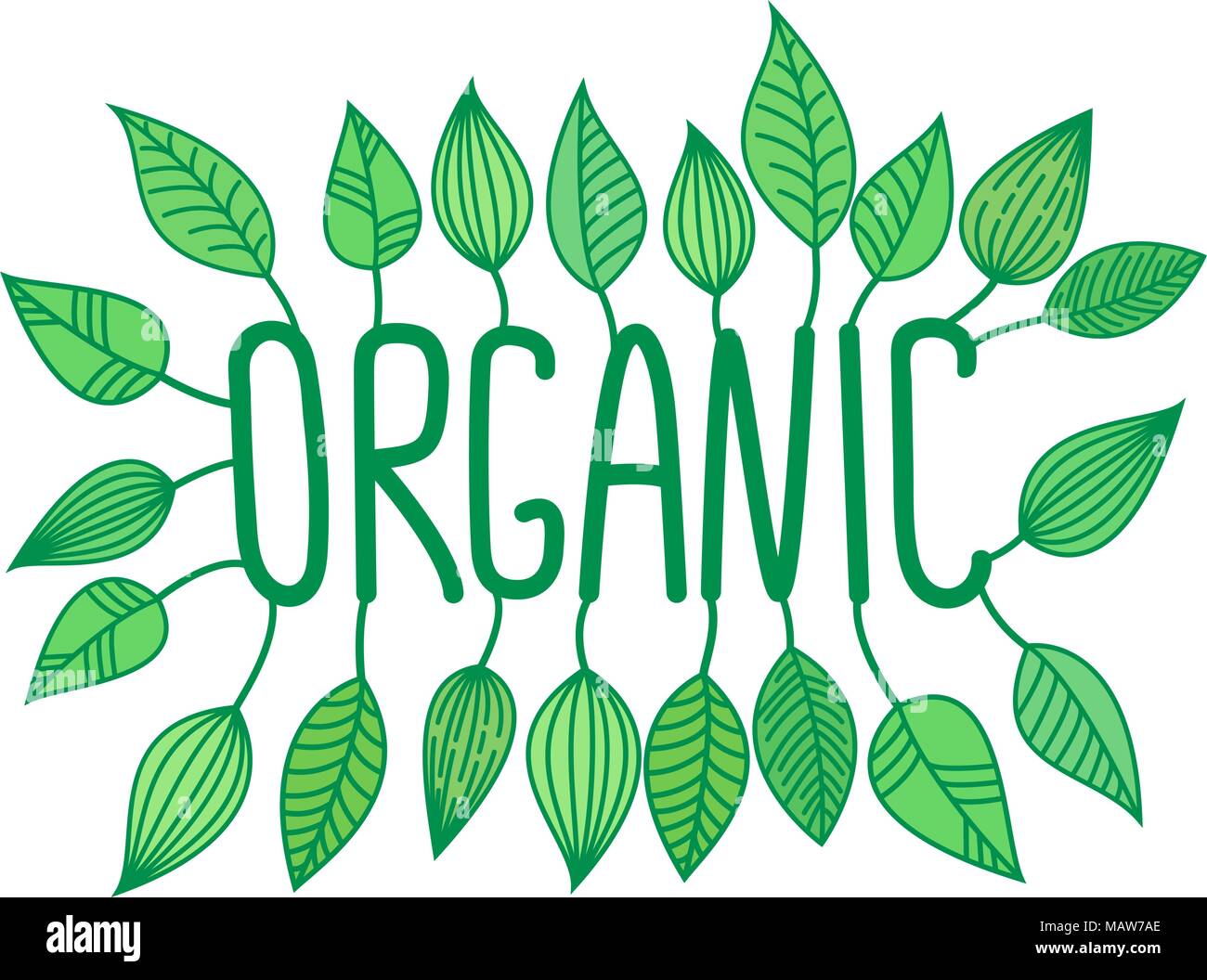 Green organic sign in with growing leaves, vector label and tag, fresh ...