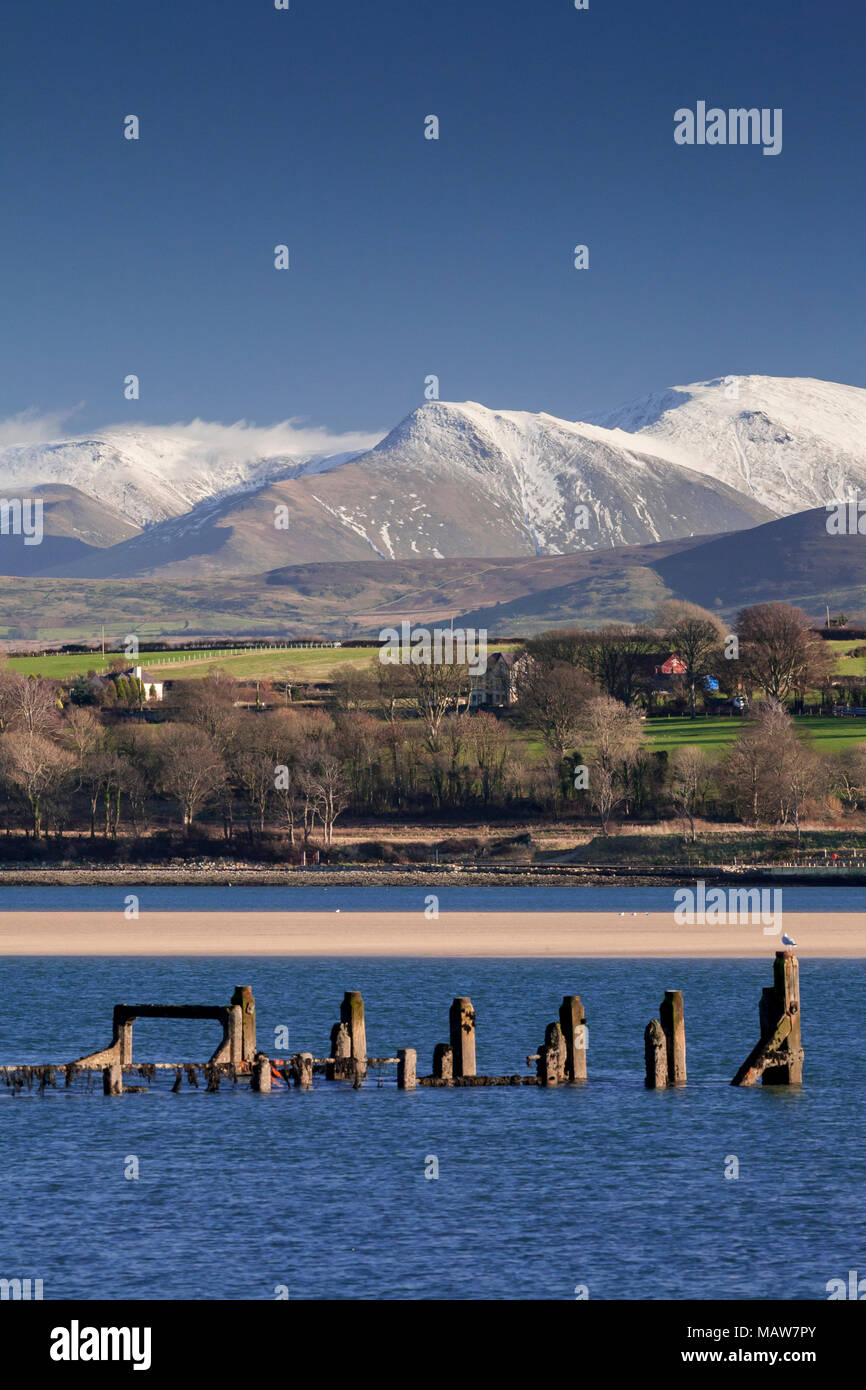 Groynes in the Menai Straits in winter, Anglesey, North Wales with snow ...