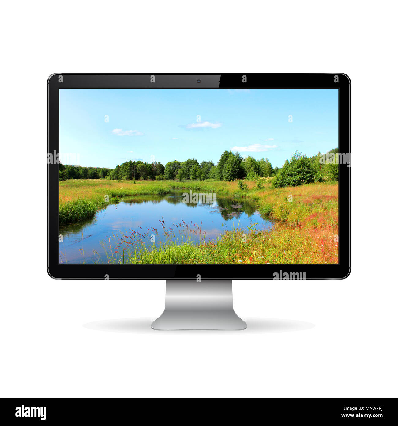 Modern computer display with landscape wallpaper Stock Photo - Alamy